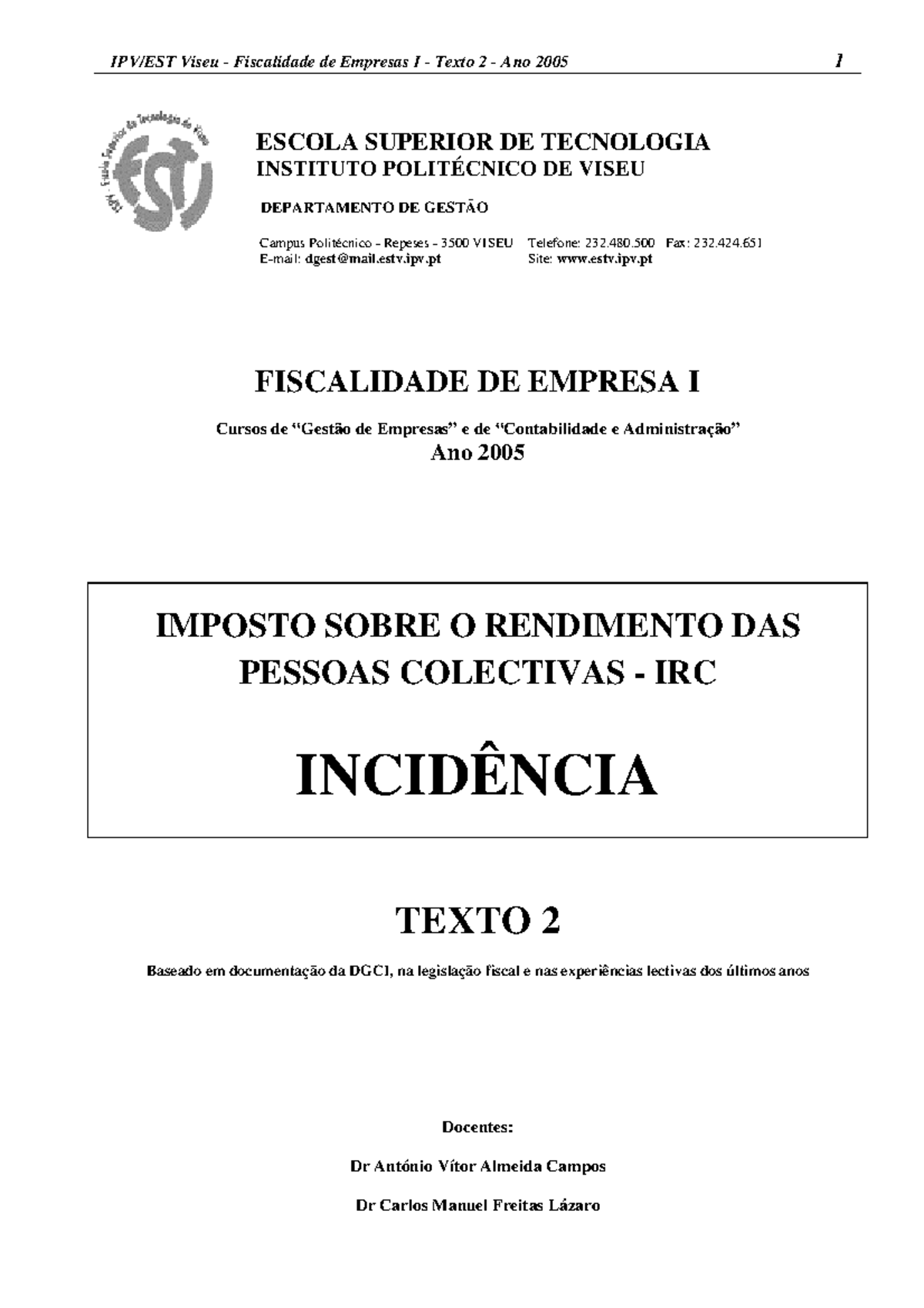 F1-TXT02 - IRC 2005 - IPV/EST Viseu - Fiscalidade de Empresas I - Texto ...