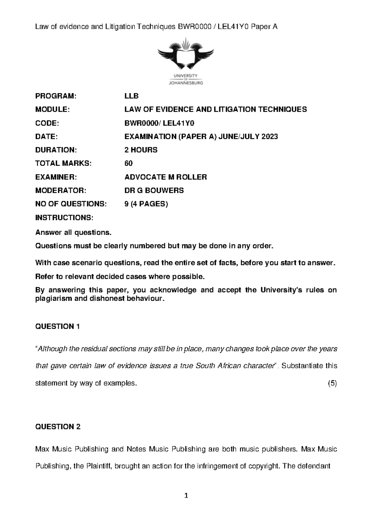 LEL41Y0 - PROGRAM: LLB MODULE: LAW OF EVIDENCE AND LITIGATION ...