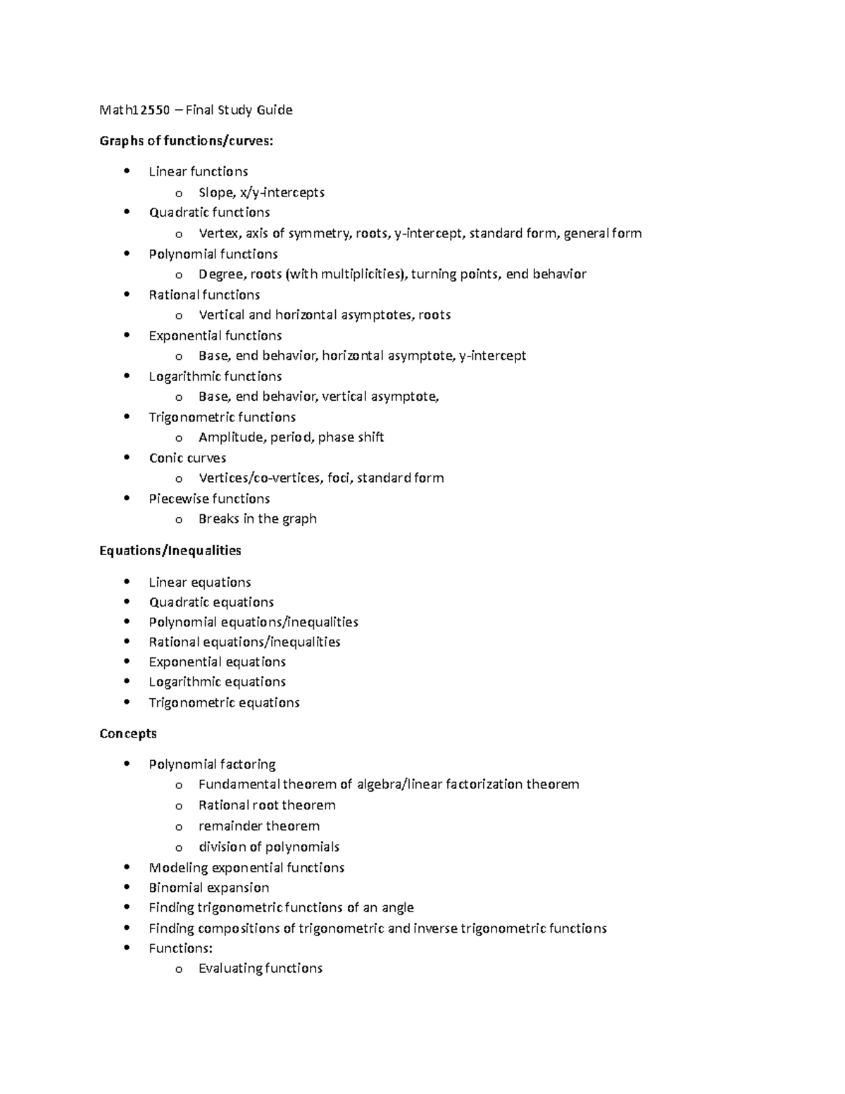 Math12250 final exam study guide - Math12550 – Final Study Guide Graphs ...