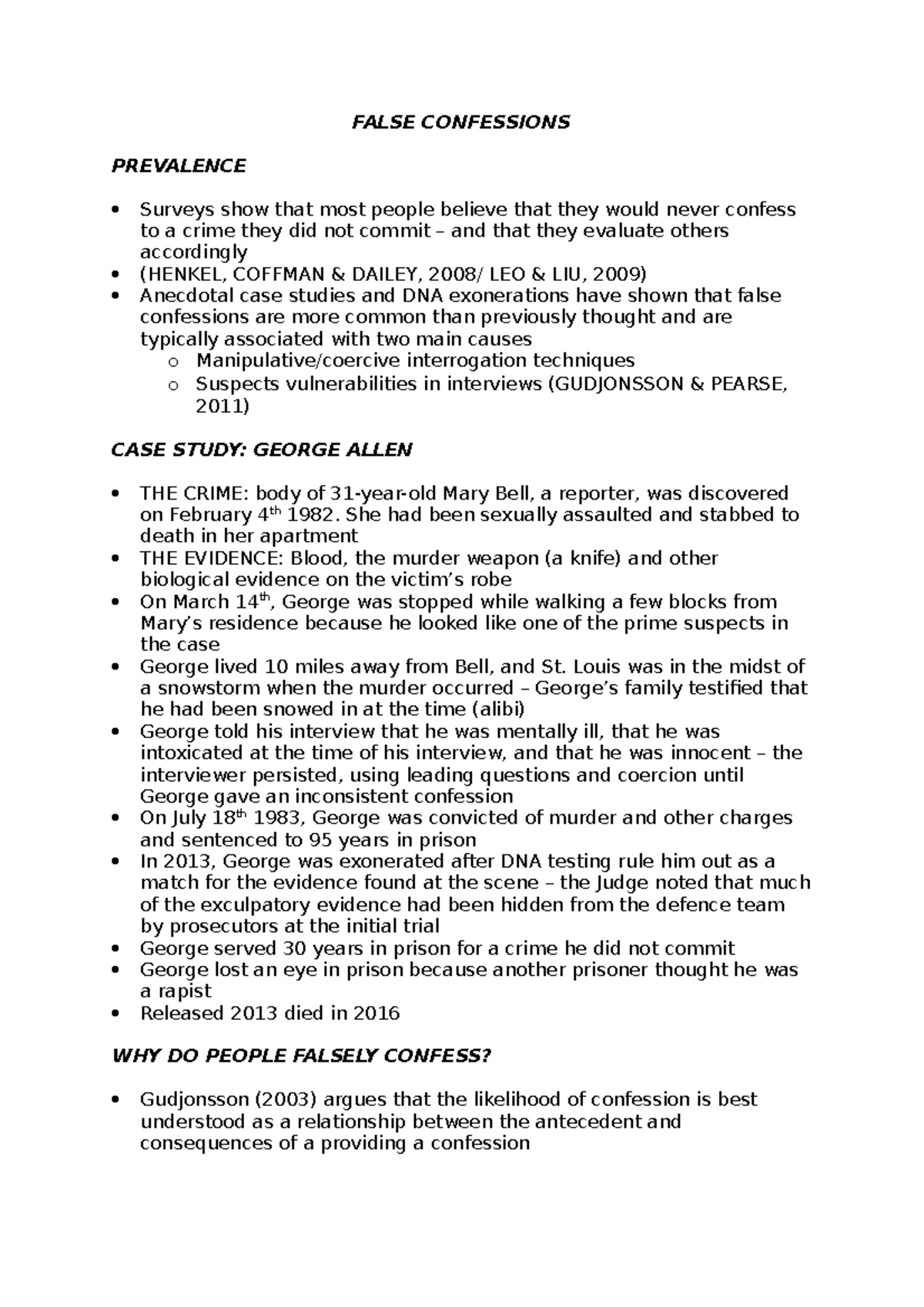 False confession Lecture notes - FALSE CONFESSIONS PREVALENCE Surveys ...