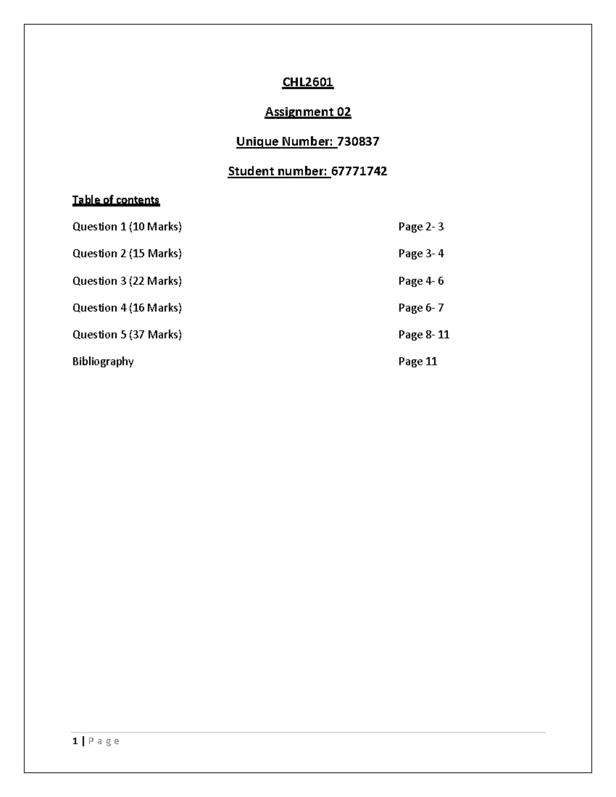 Assignment 02-730837 - Table of contents - CHL - Assignment - Unique Number: Student number ...