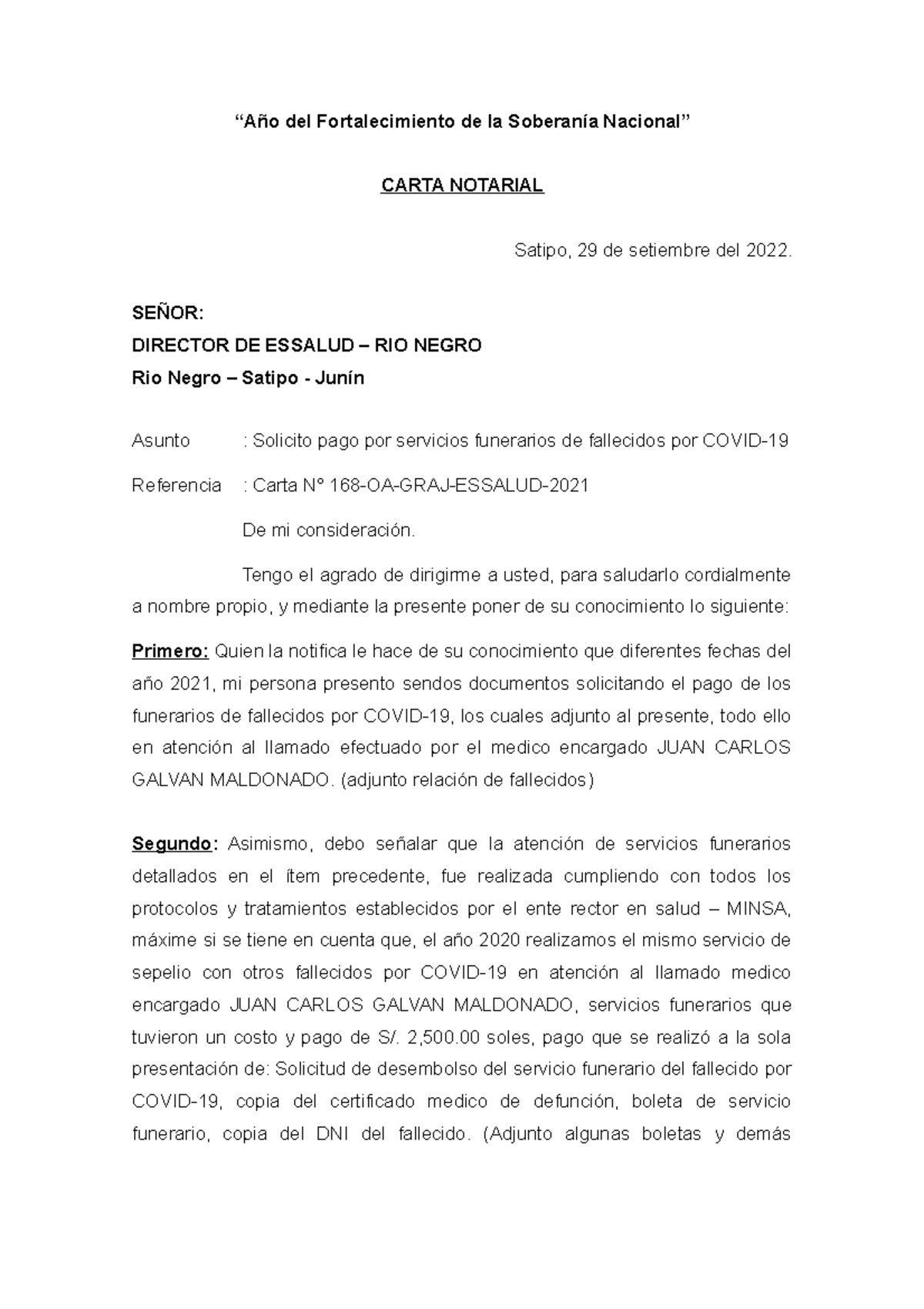 Carta Notarial Essalud HUGO - “Año del Fortalecimiento de la Soberanía ...