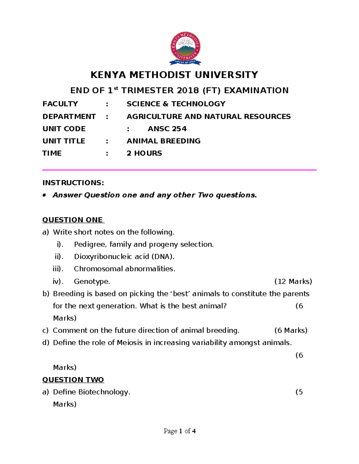 Animal Breeding (ANSC 254) 1ST Trimester 2018 - KENYA METHODIST UNIVERSITY END OF 1st TRIMESTER ...