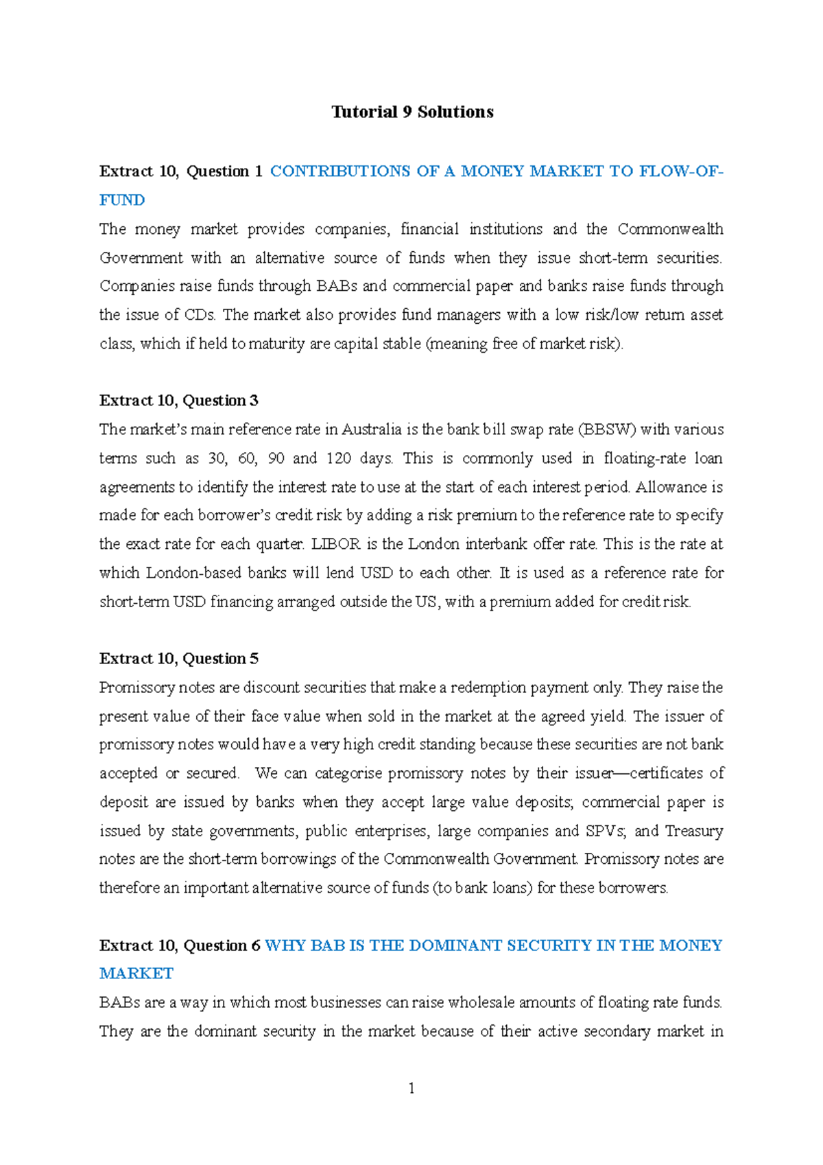 Tutorial 9 Solutions - Tutorial 9 Solutions Extract 10, Question 1 ...