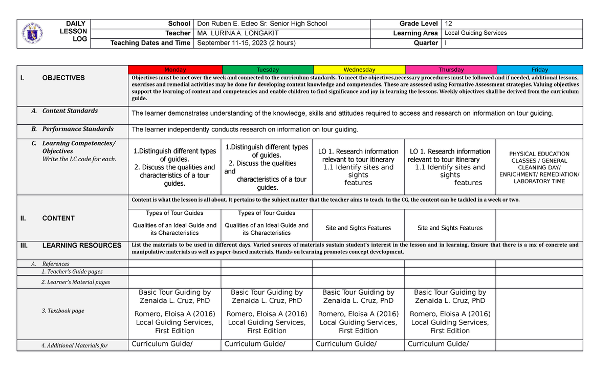 DLL Local Guiding - week 3 - DAILY LESSON LOG School Don Ruben E. Ecleo ...