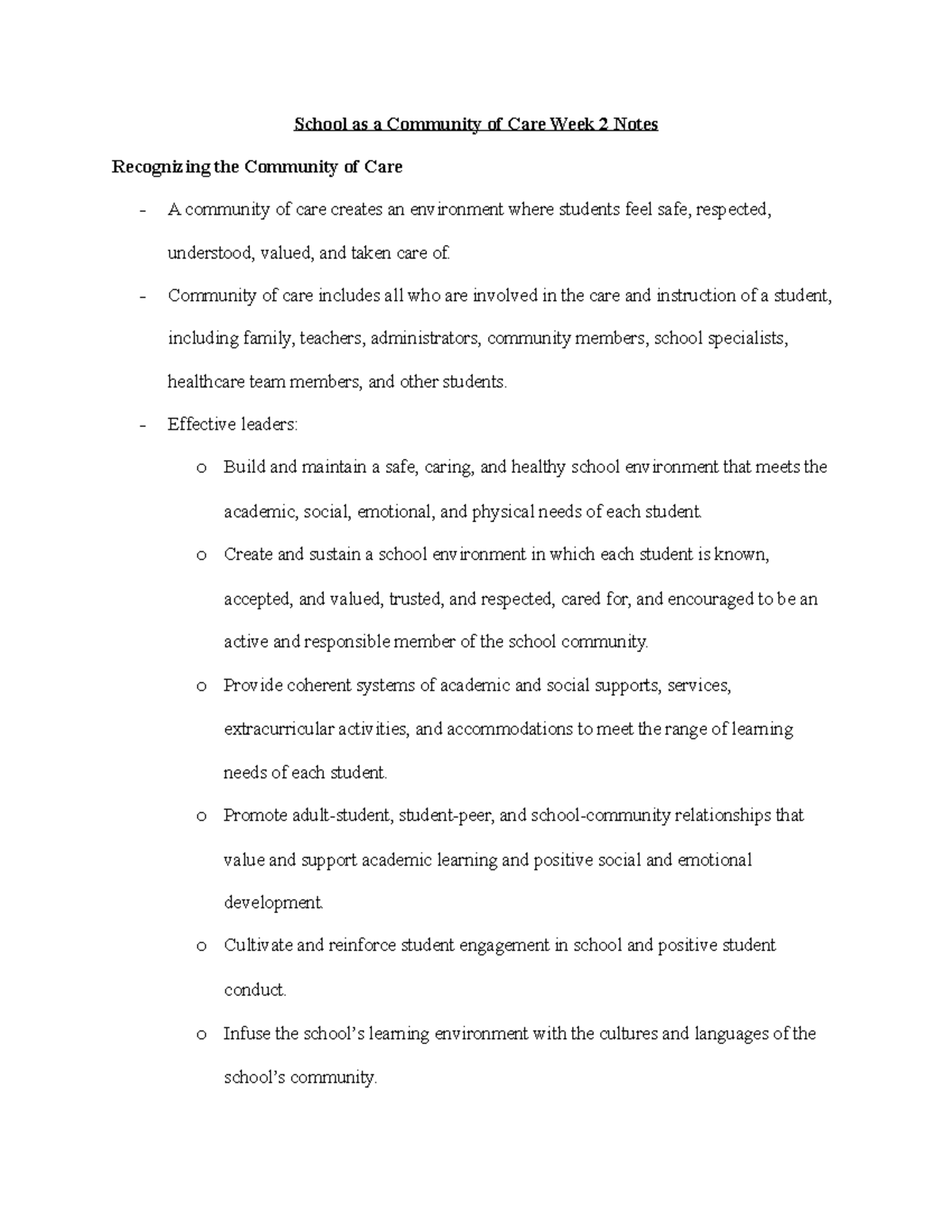 The School as a Community of Care - D090 notes week 2 - School as a ...