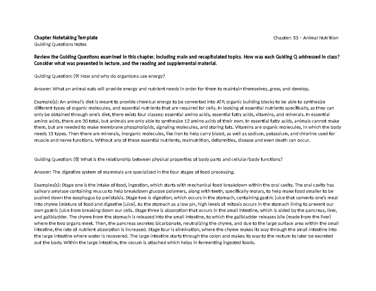 Study Guiding Questions Notes Animals II Unit - Chapter Notetaking ...