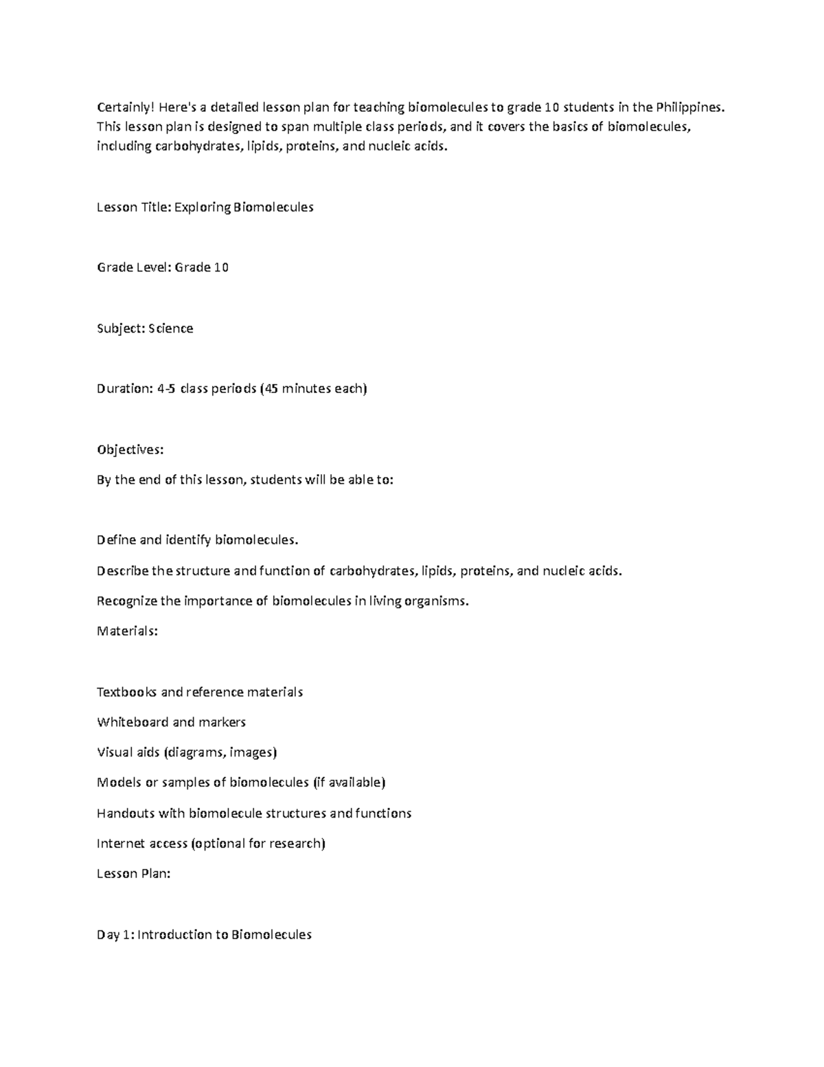 Biomolecules Lesson Plan at Christopher Hurtado blog