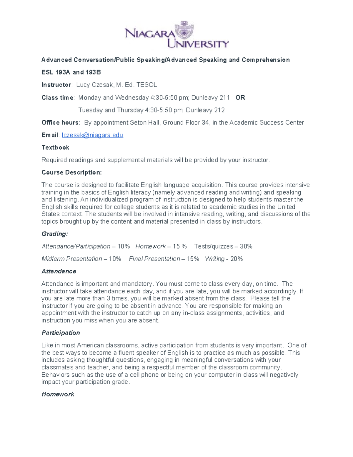 ESL 193 Syllabus Spring 2024 - Advanced Conversation/Public Speaking ...