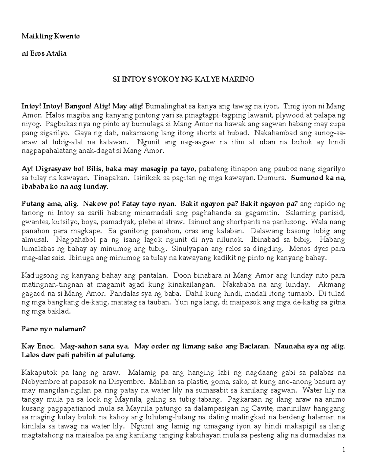 Si Intoy Syokoy ng Kalye Marino - Maikling Kwento ni Eros Atalia SI ...