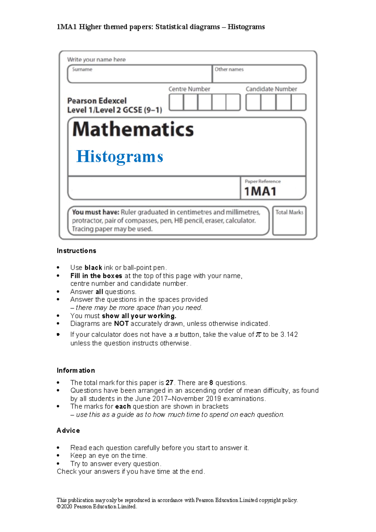 46a Statistical Diagrams Histograms H Question Paper - Instructions Use ...