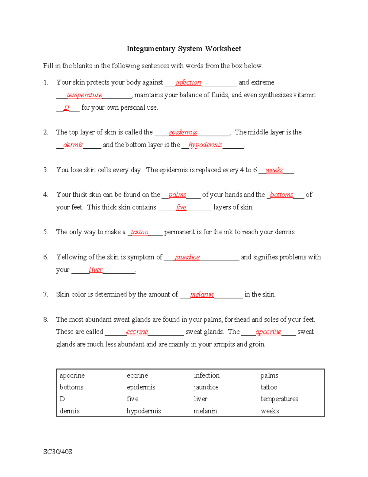 Httpslibbyteach - easy - SC30/40S Integumentary System Worksheet Fill ...