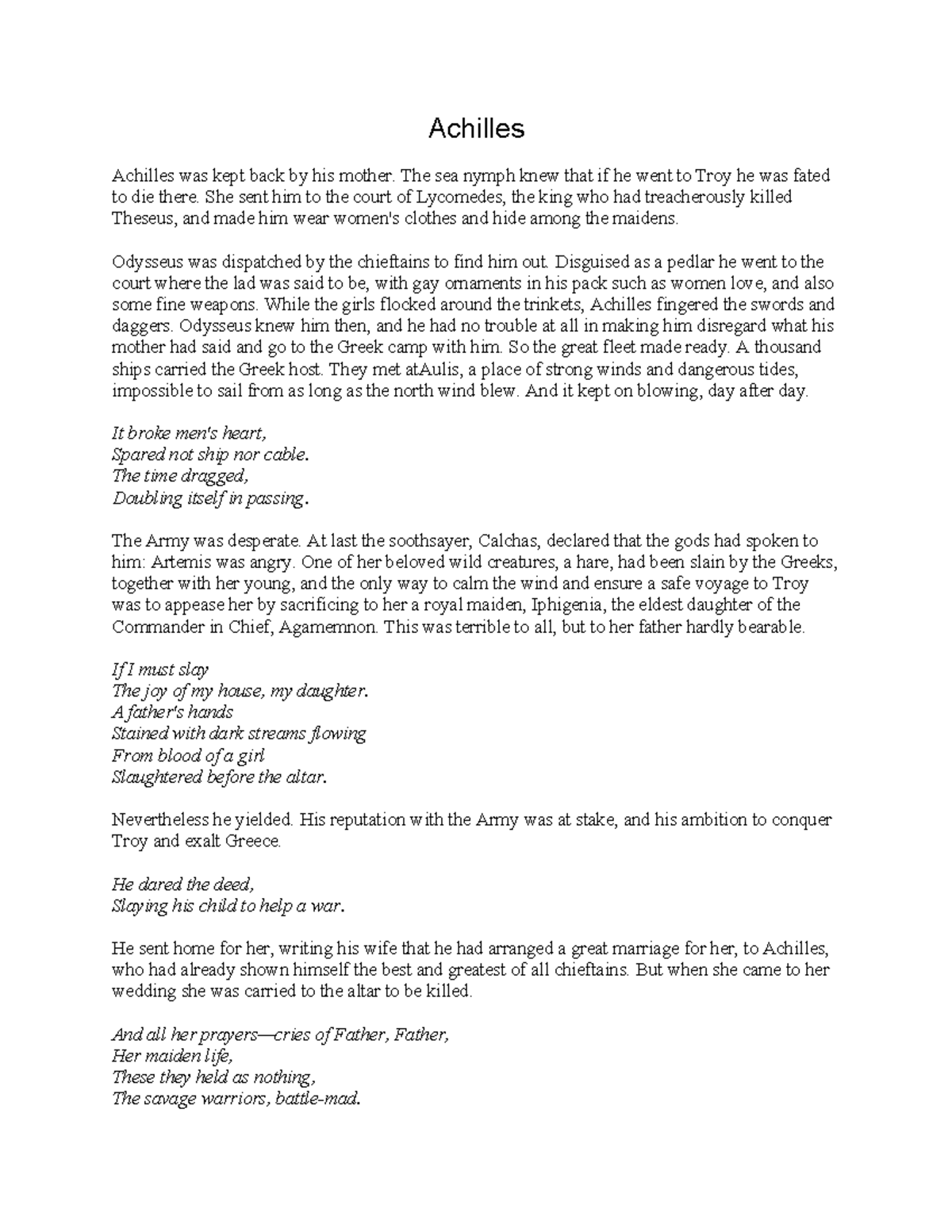 Achilles-Edith Hamilton - Achilles Achilles was kept back by his mother ...