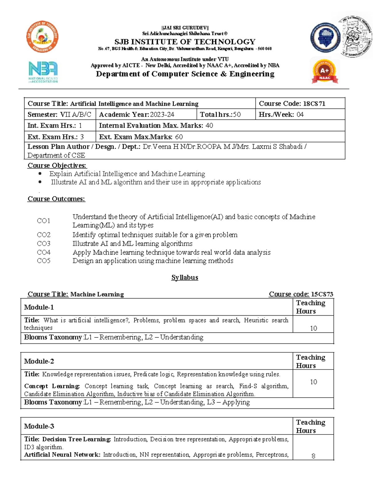 18CS71 AIML - Summary 7th sem CSE NOTES - ||JAI SRI GURUDEV|| Sri ...