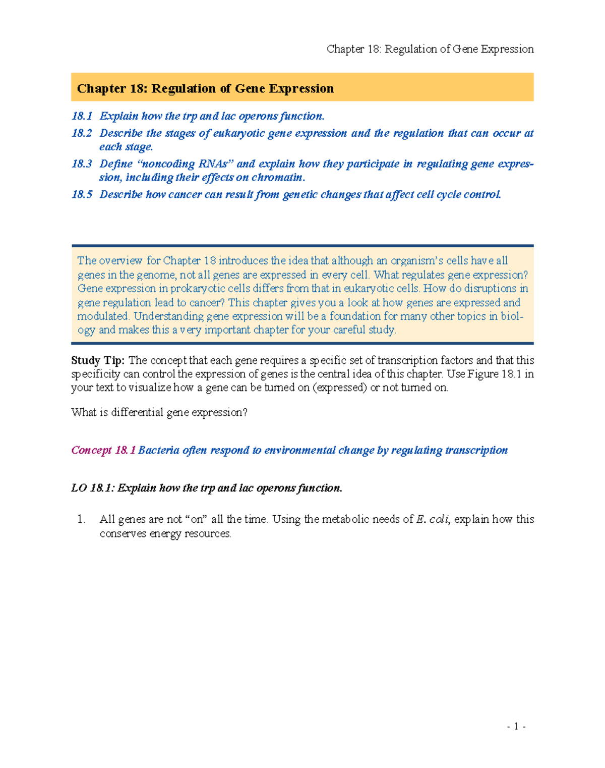 Active Reading Notes 18 Short - Chapter 18: Regulation of Gene ...