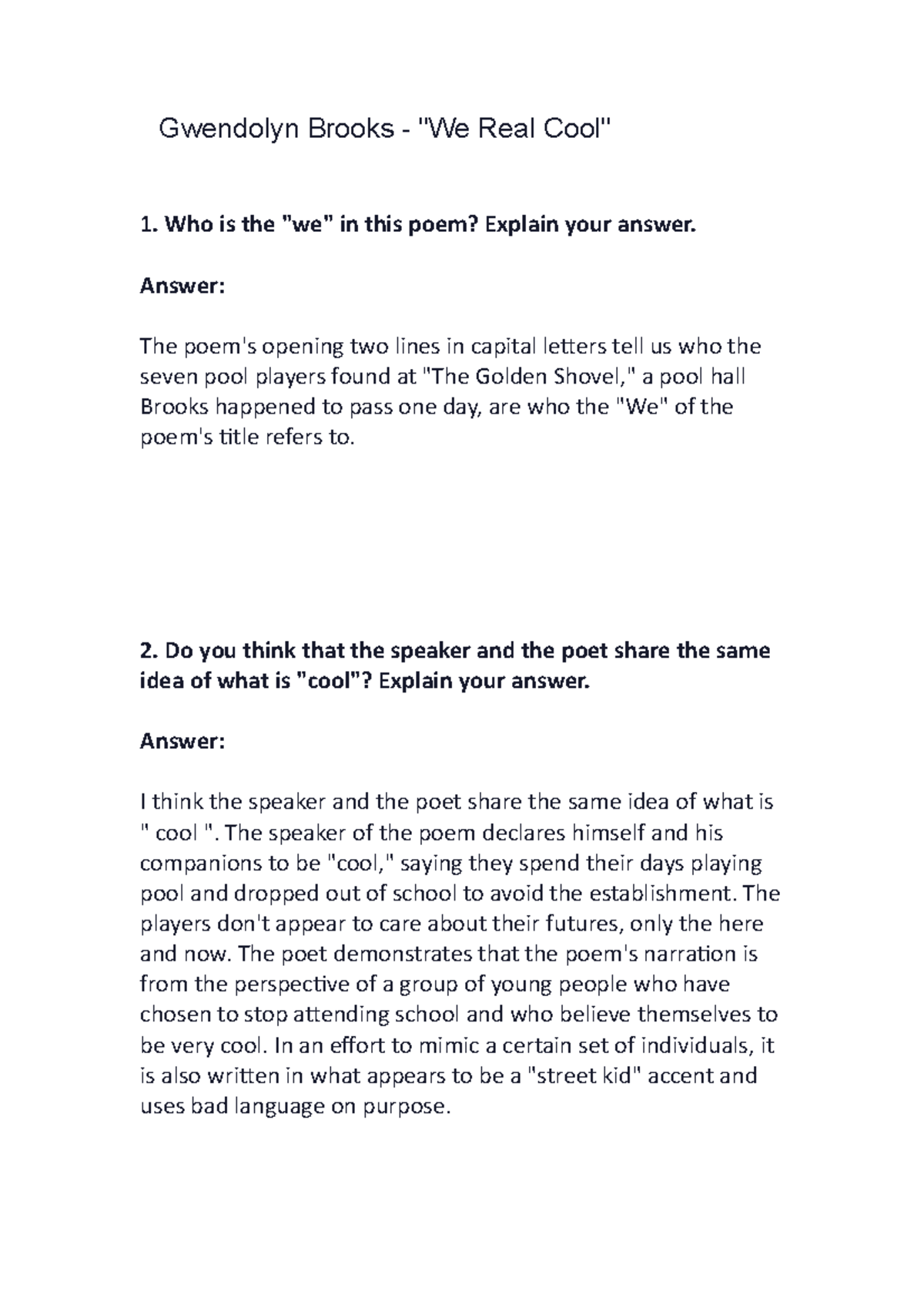 Gwendolyn Brooks - Who is the "we" in this poem? Explain your answer ...