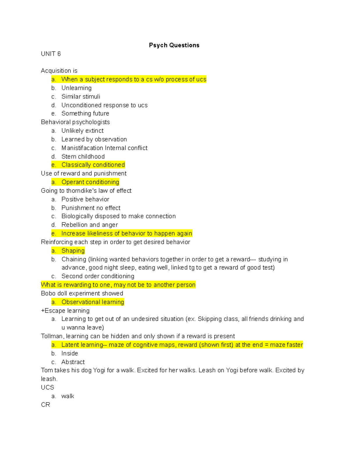 Psych Questions Unit 5+6 - PSYCH 1X03 - McMaster - Studocu