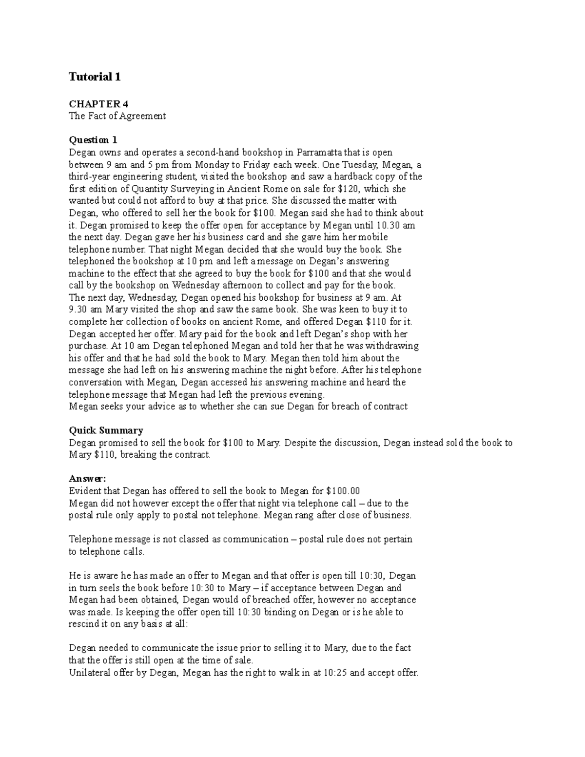 Tutorial 1 - Tutorial 1 CHAPTER 4 The Fact of Agreement Question 1 ...