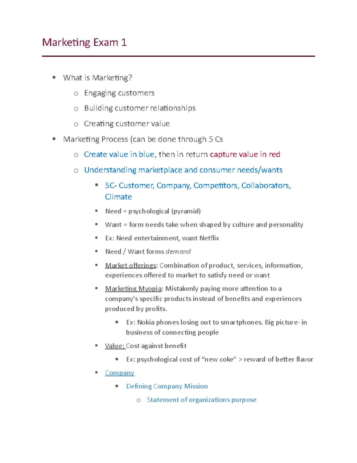 Marketing Exam 1 - Lecture notes 1-15 - Marketing Exam 1 What is ...