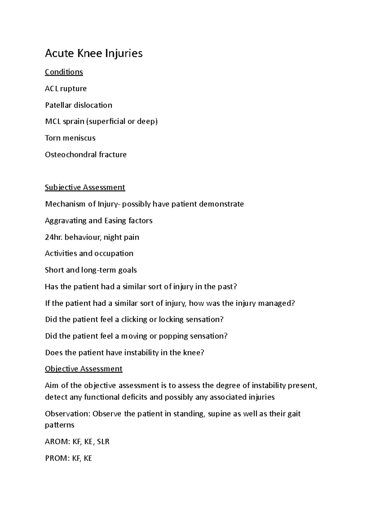 Acute Knee Cheat Sheet - Acute Knee Injuries Conditions ACL rupture ...