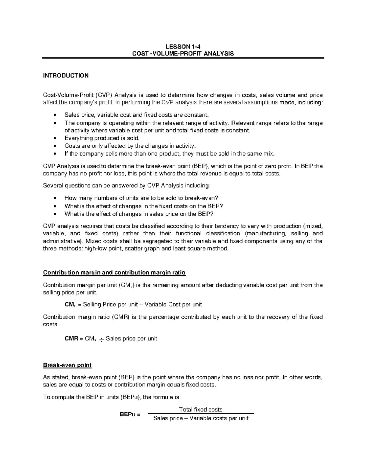 Cost-Volume-Profit Analysis for Strategic cost accounting - LESSON 1 ...