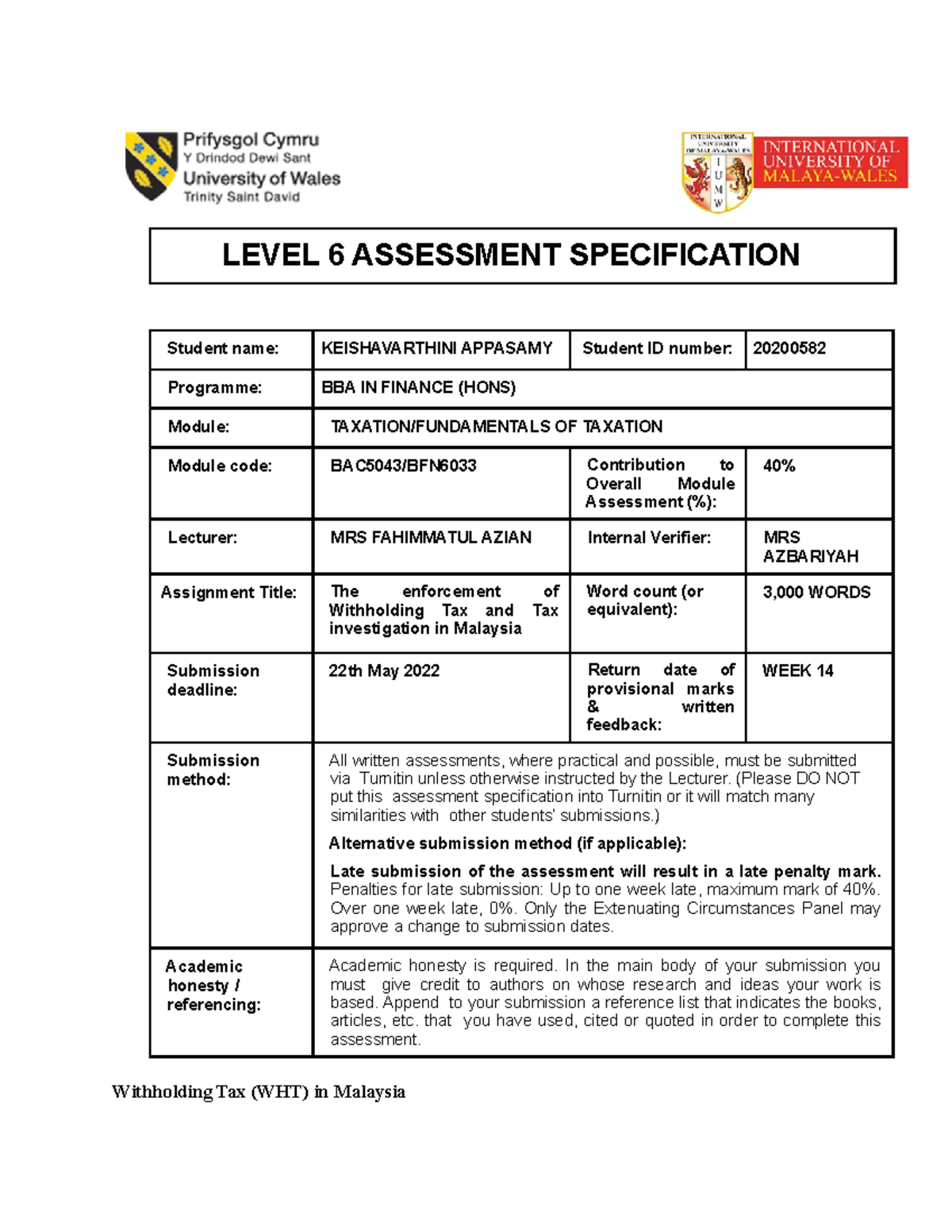 Tax Assignment - Tax - LEVEL 6 ASSESSMENT SPECIFICATION Student name ...