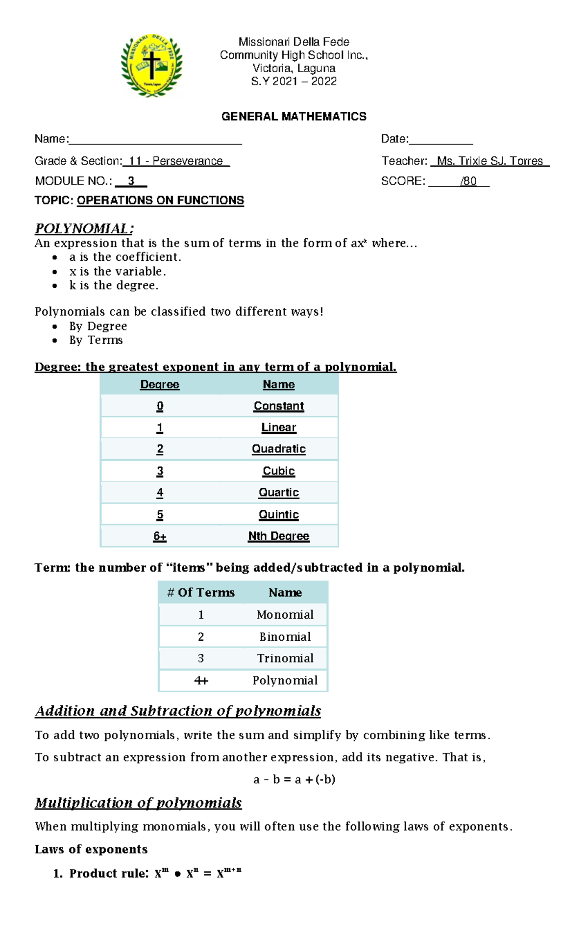 G11 Genmath Module 3 - MODULE NO.: __ 3 __ SCORE: ___/80 Missionari ...