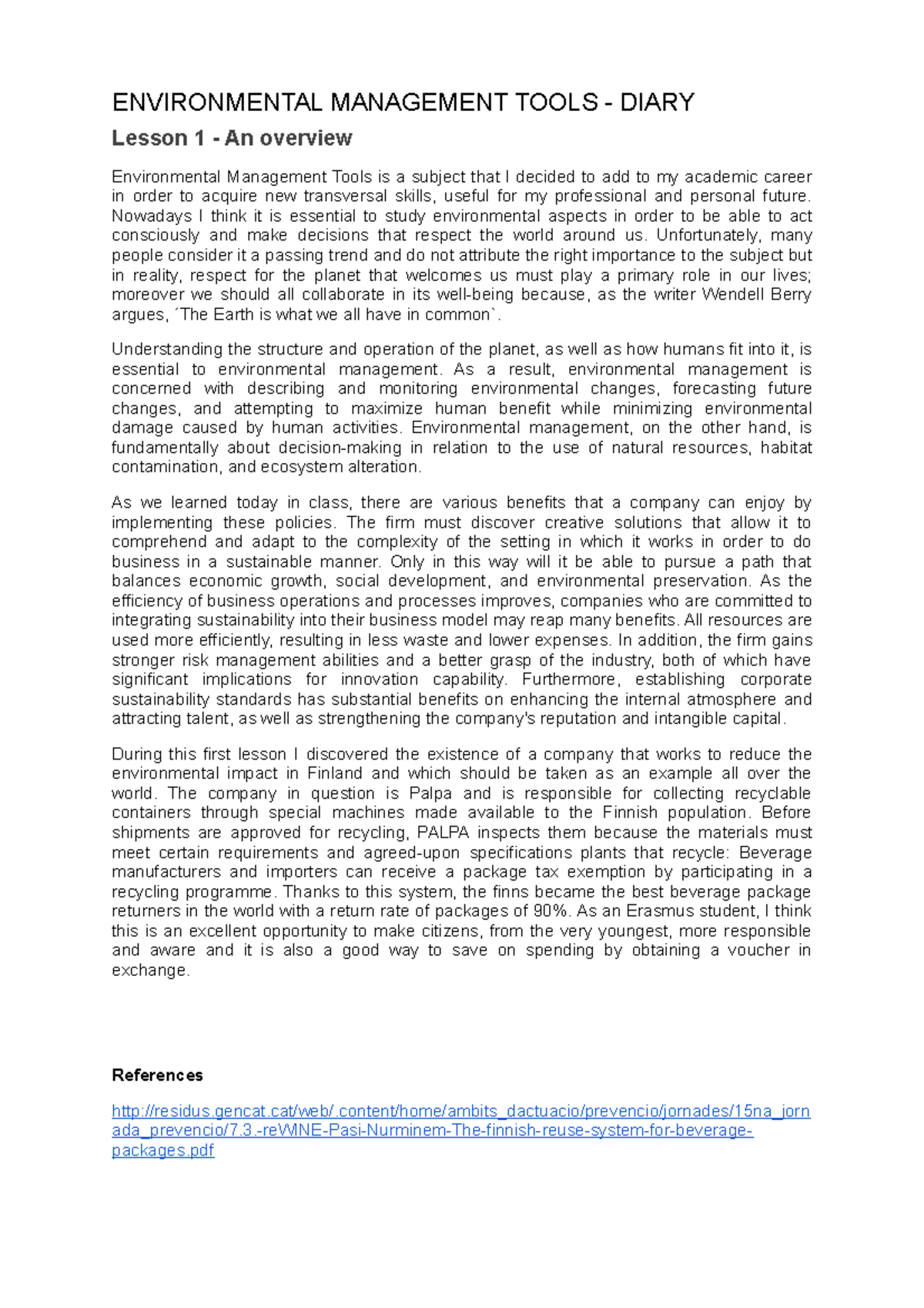 EMT Diary - notes - ENVIRONMENTAL MANAGEMENT TOOLS - DIARY Lesson 1 ...