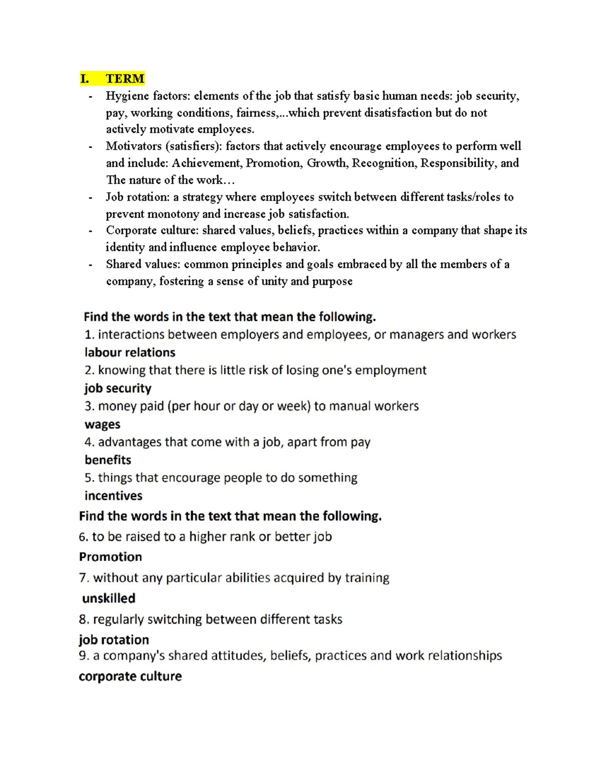 UNIT 2 WORK AND Motivation - I. TERM Hygiene factors: elements of the ...