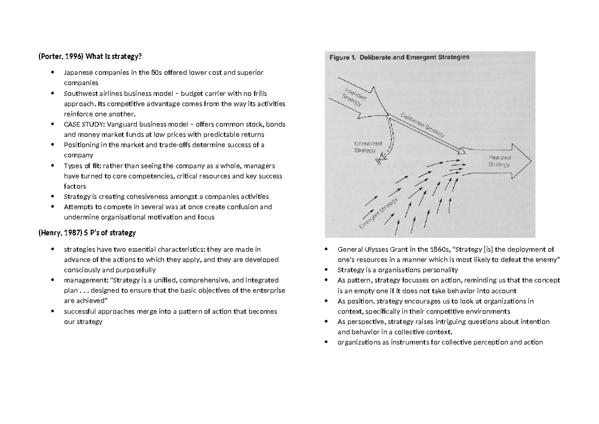 SOG class notes + readings week 1 - (Porter, 1996) What is strategy ...