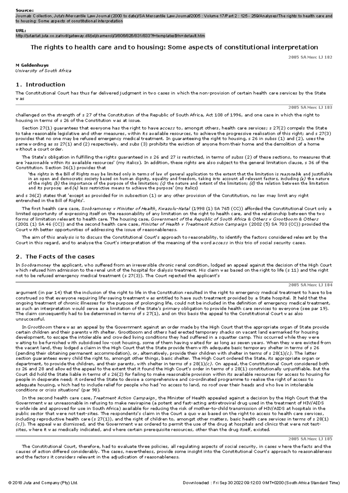 The rights to health care and to housing Some aspects of constitutional ...