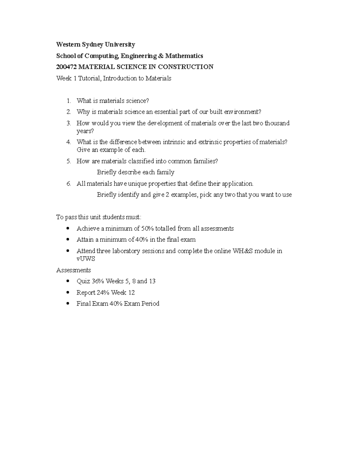 Tutorial 1 Materials Questions - Western Sydney University School of ...