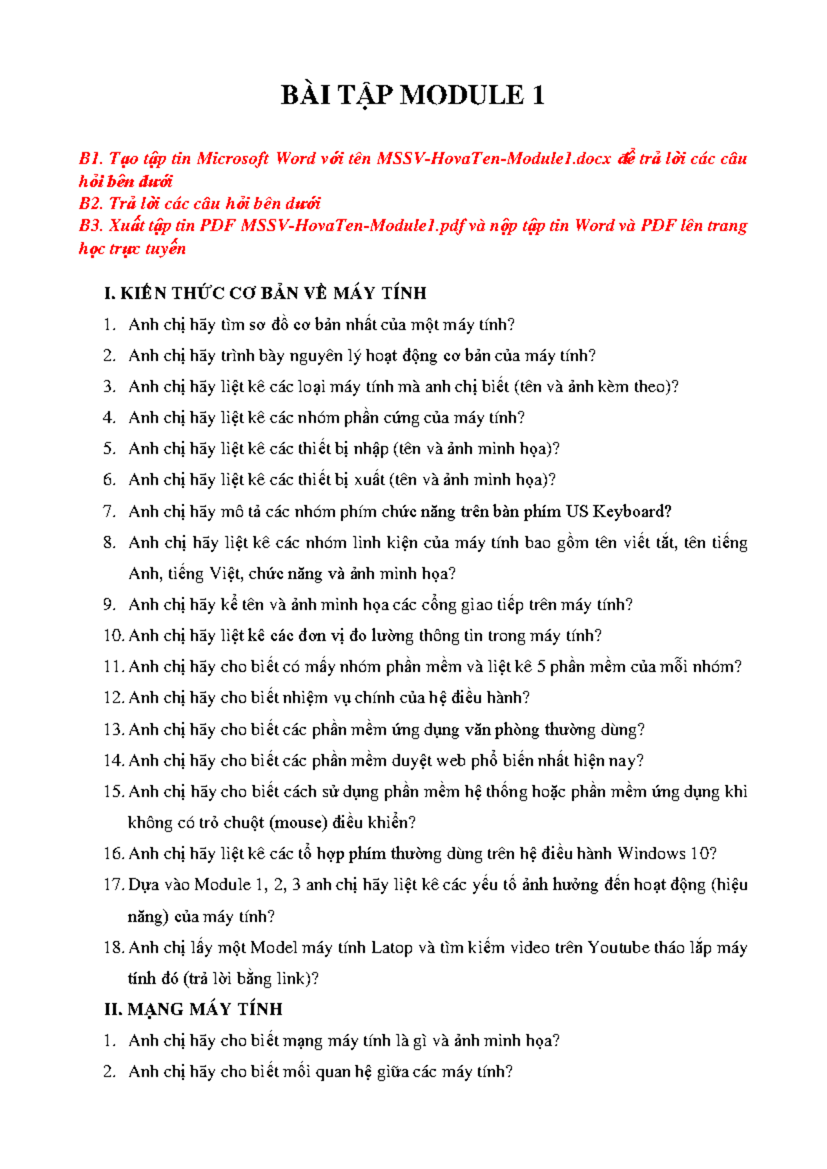 Bai Tap-Module 1 - ưetf - BÀI TẬP MODULE 1 B 1. Tạo tập tin Microsoft Word với tên - Studocu