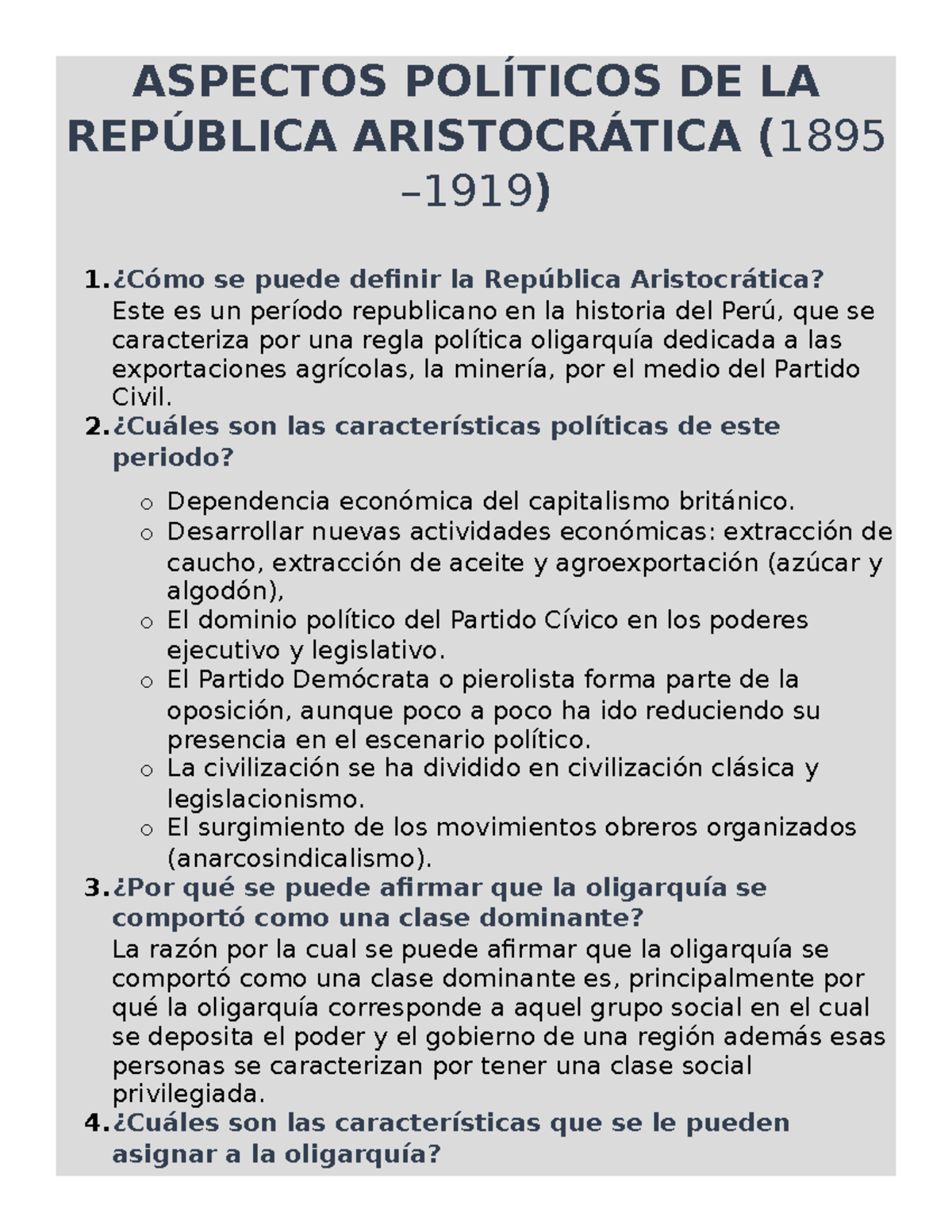 Aspectos Políticos DE LA República Aristocrática- Grupo 9 - ASPECTOS ...