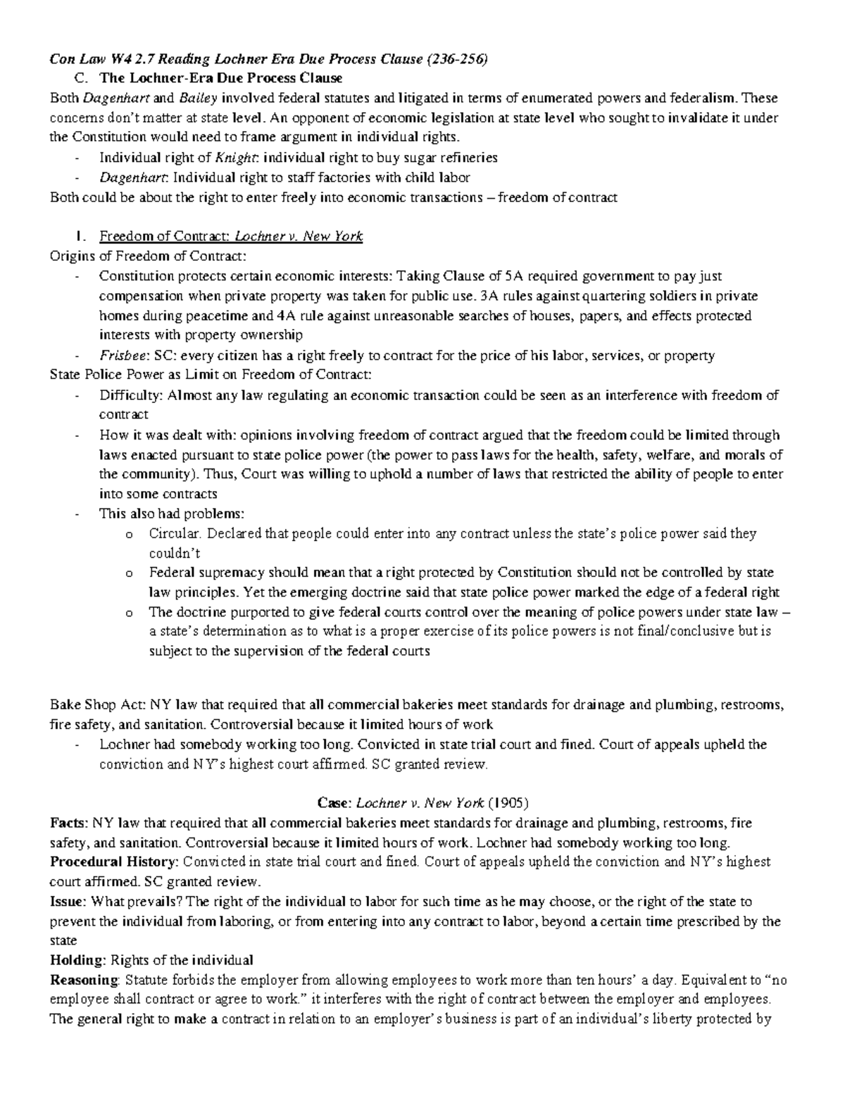 Con Law W4 2.7 Reading - Con Law W4 2 Reading Lochner Era Due Process ...