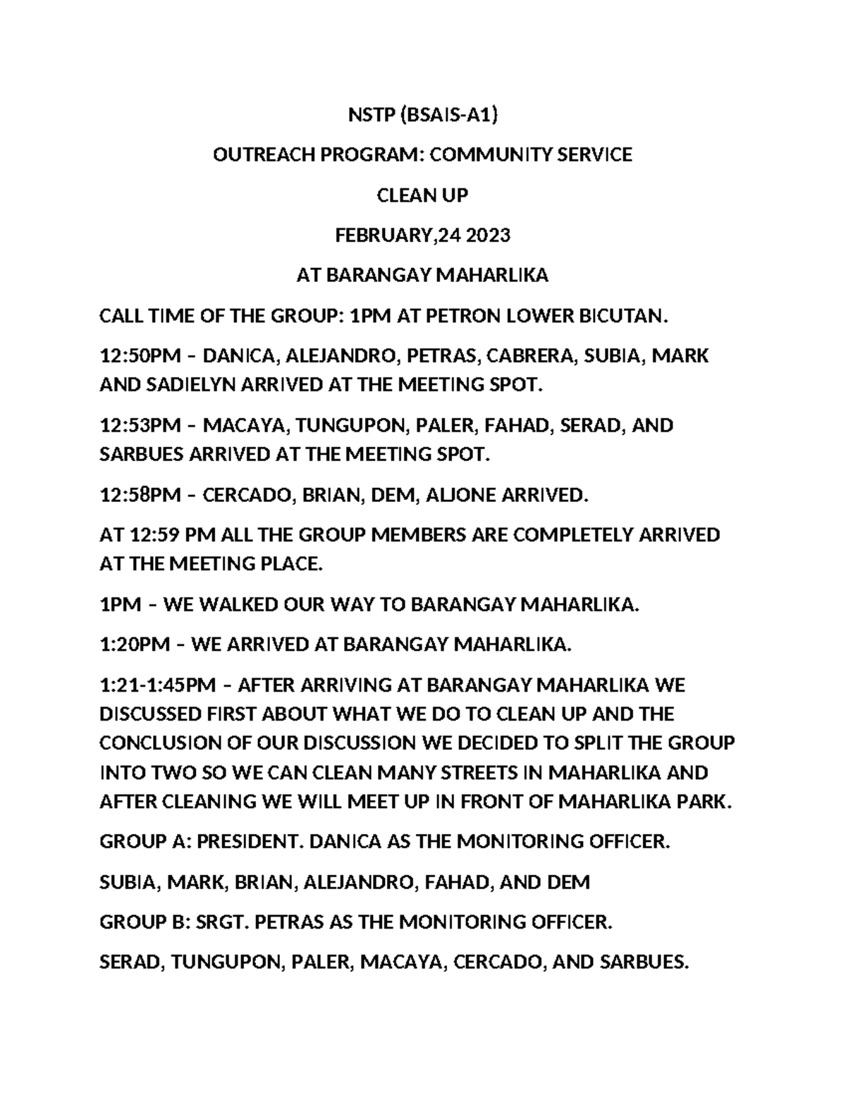 NSTP - nstp - NSTP (BSAIS-A1) OUTREACH PROGRAM: COMMUNITY SERVICE CLEAN ...