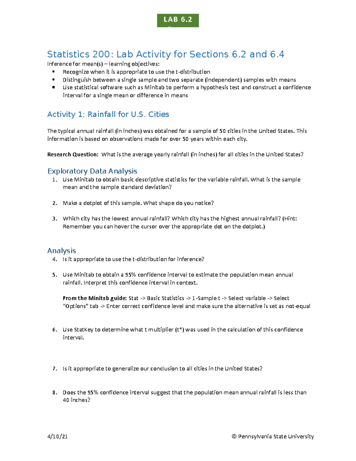 Section 06.2 6.4 Shared lab - Statistics 200: Lab Activity for Sections ...