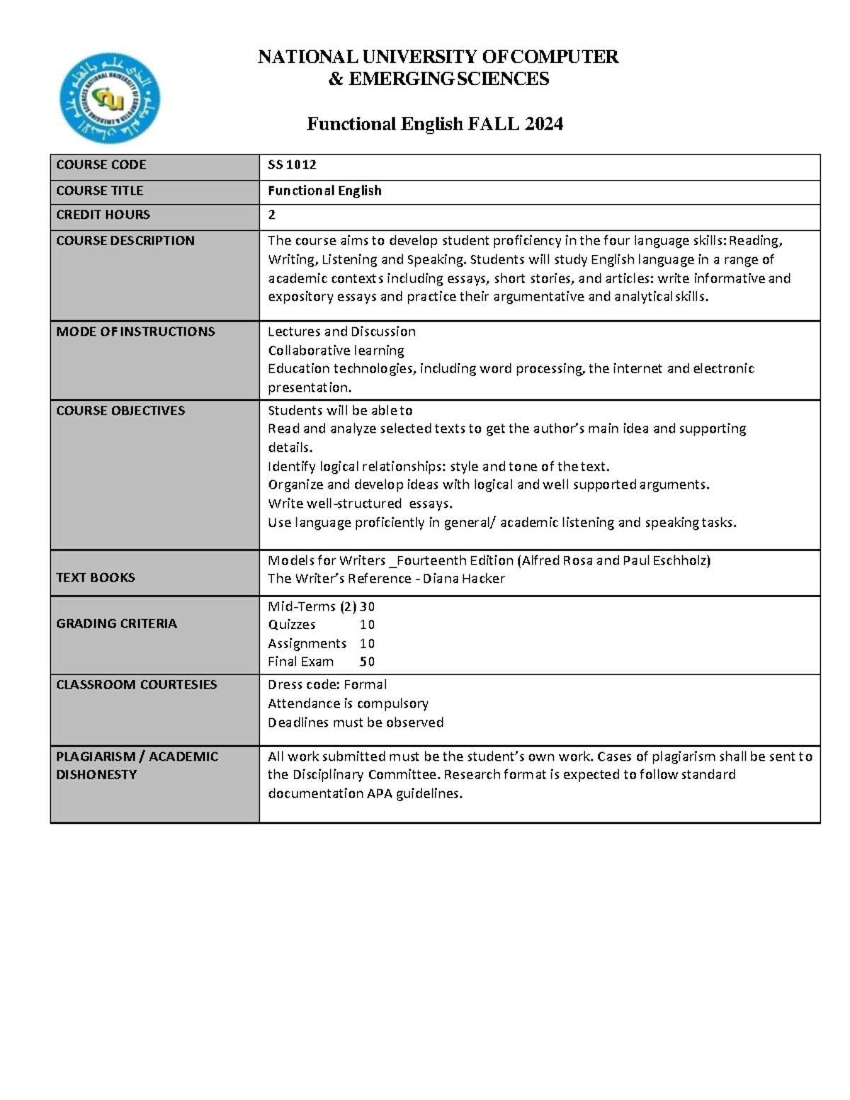 Functional English Course Outline Fall 2024 (for students) - NATIONAL ...