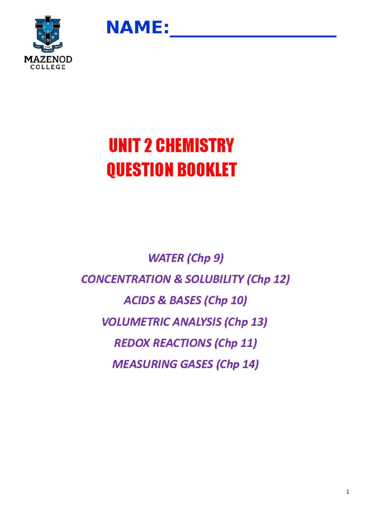 2023 U2 Question Booklet - WATER (Chp 9) CONCENTRATION & SOLUBILITY ...