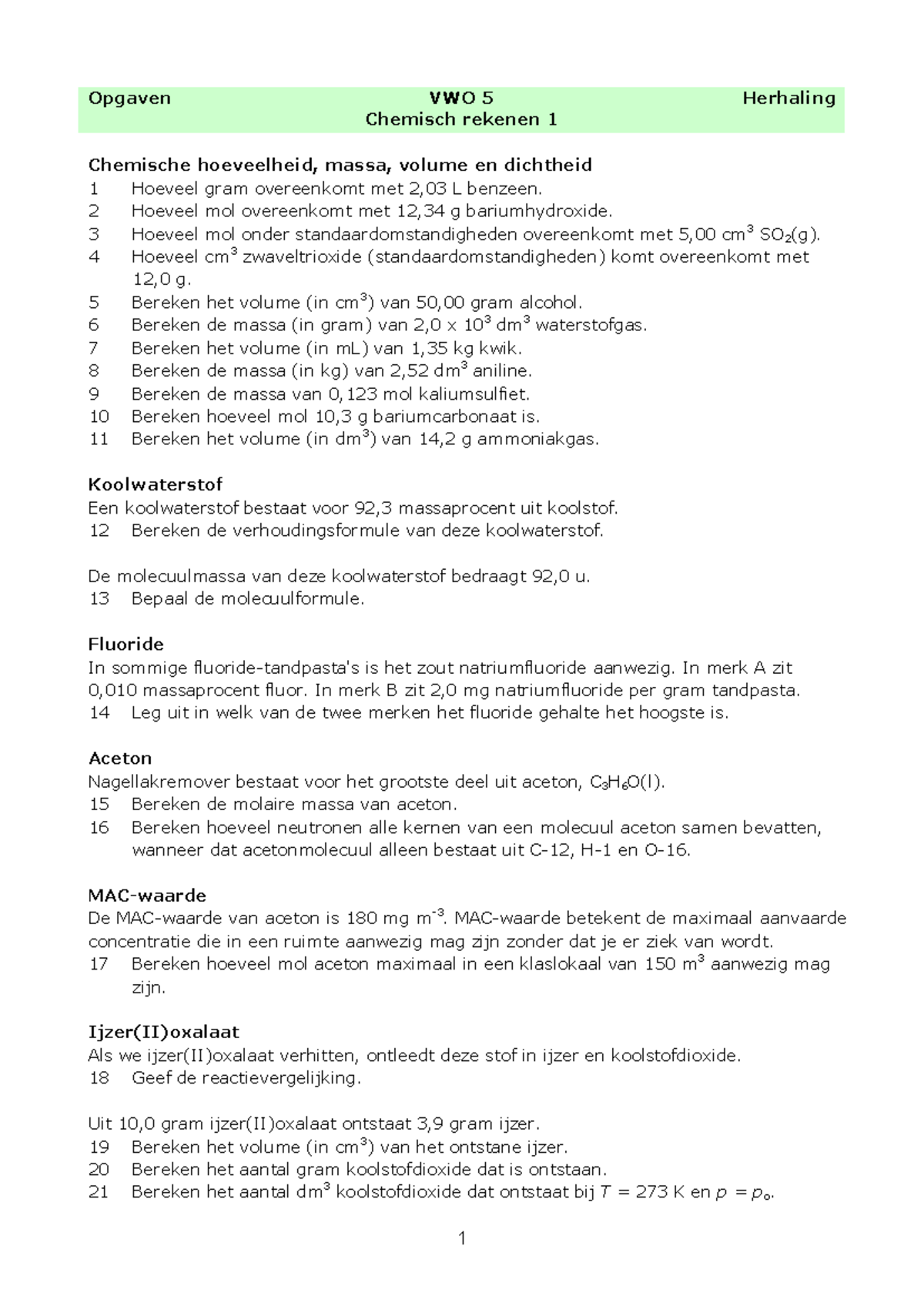 5 VWO Chemisch rekenen extra opgaven deel 1 - Opgaven VWO 5 Herhaling Chemisch rekenen 1 ...