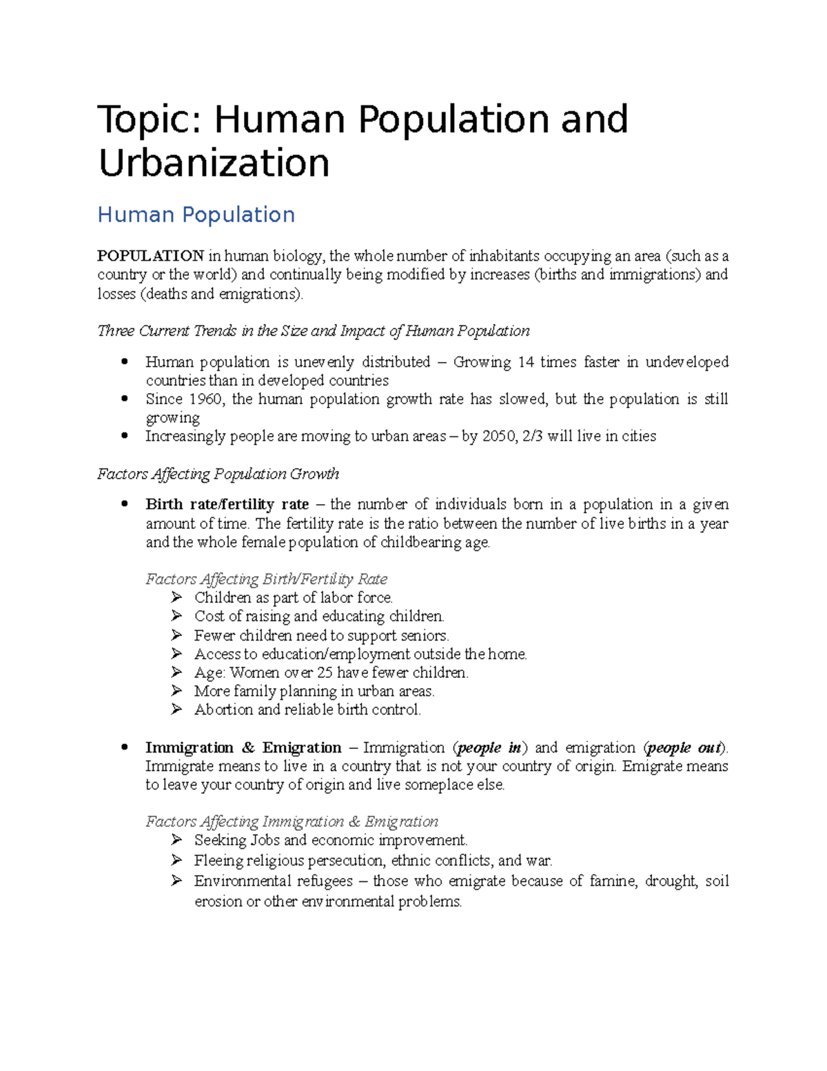 Human Population and Urbanization - Topic: Human Population and ...