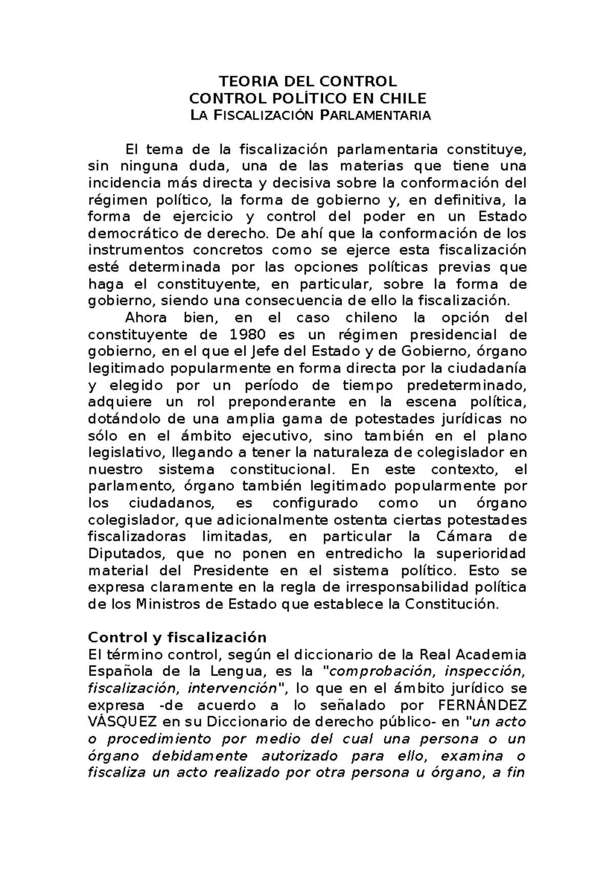 FiscalizacióN. Control Politico - TEORIA DEL CONTROL CONTROL POLÍTICO ...
