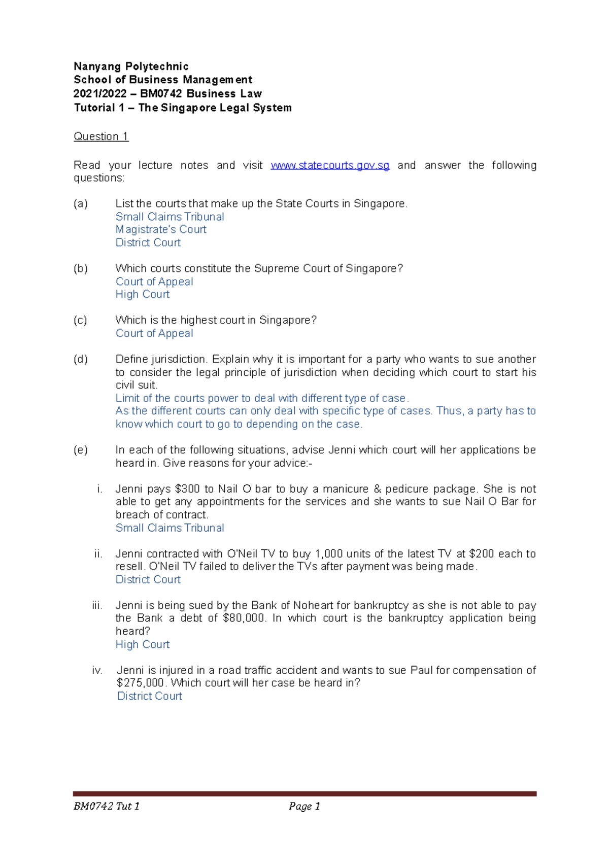 Tut 1 Qn - Biz Law BM0742 NYP Tutorial 1 - Nanyang Polytechnic School ...