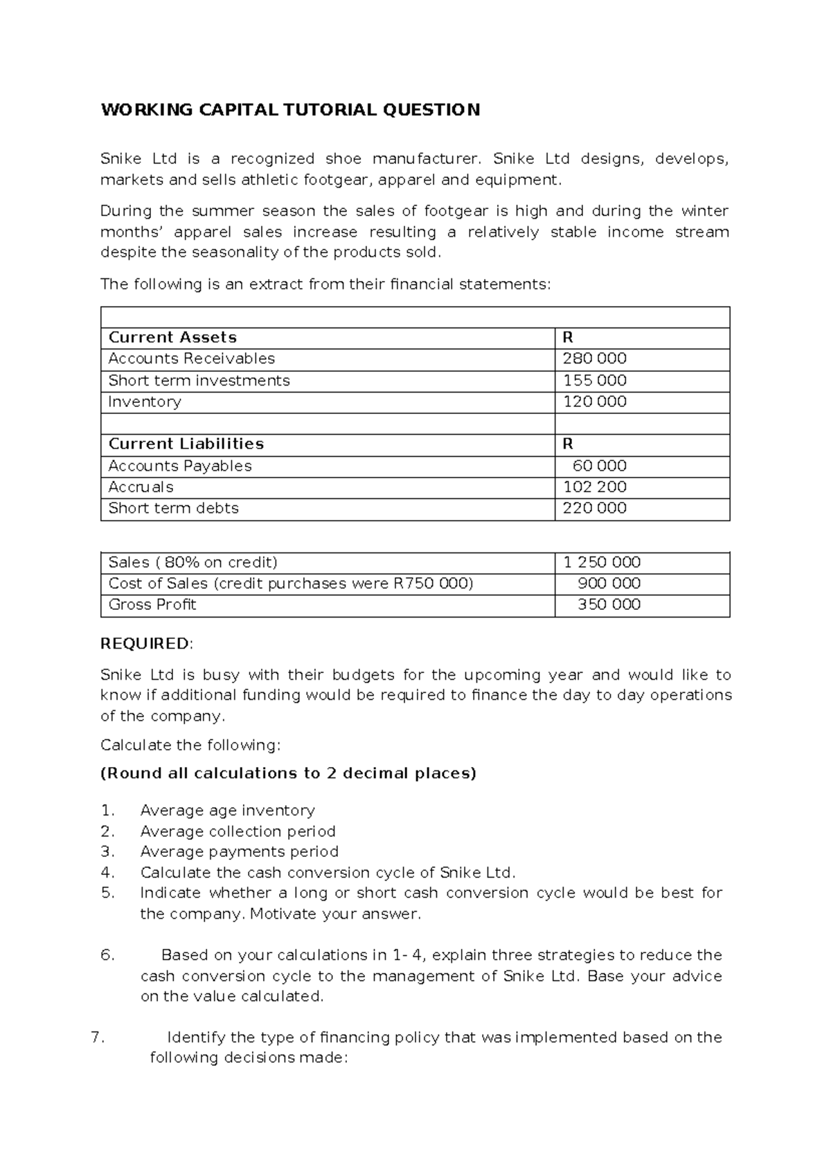 Working Capital Tutorial Question - WORKING CAPITAL TUTORIAL QUESTION ...