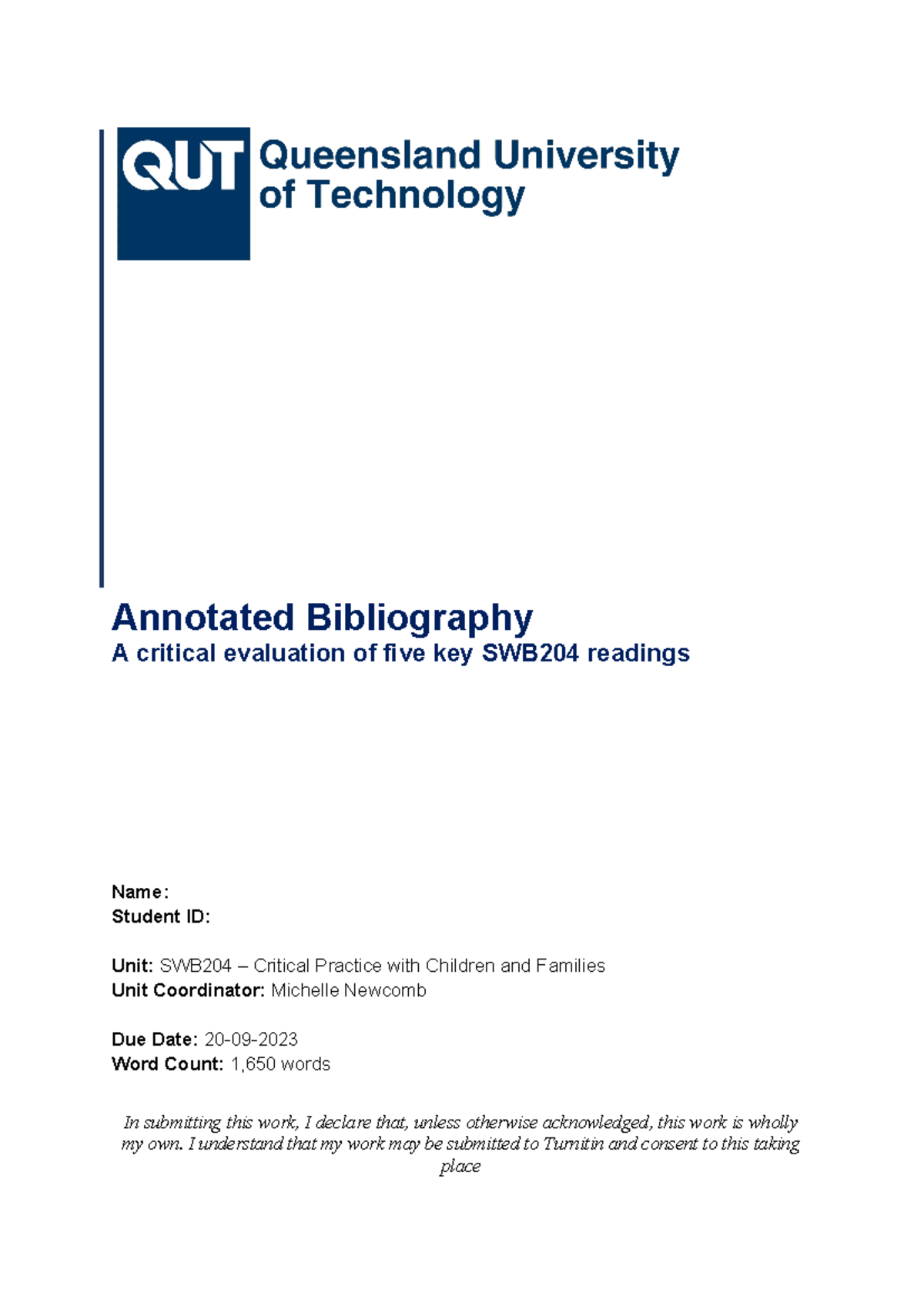 Annotated Bibliography Studocu - Annotated Bibliography A critical evaluation of five key SWB204 ...