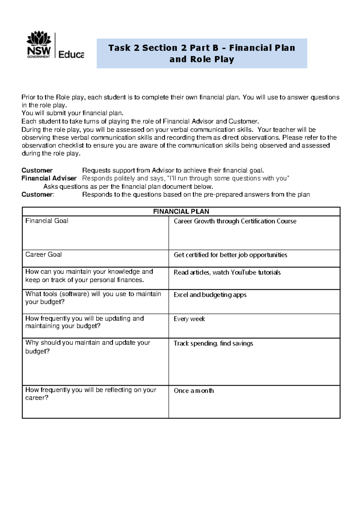 Task 2 Section 2 Part B - Financial Plan and Role Play - You will use to answer questions in the ...