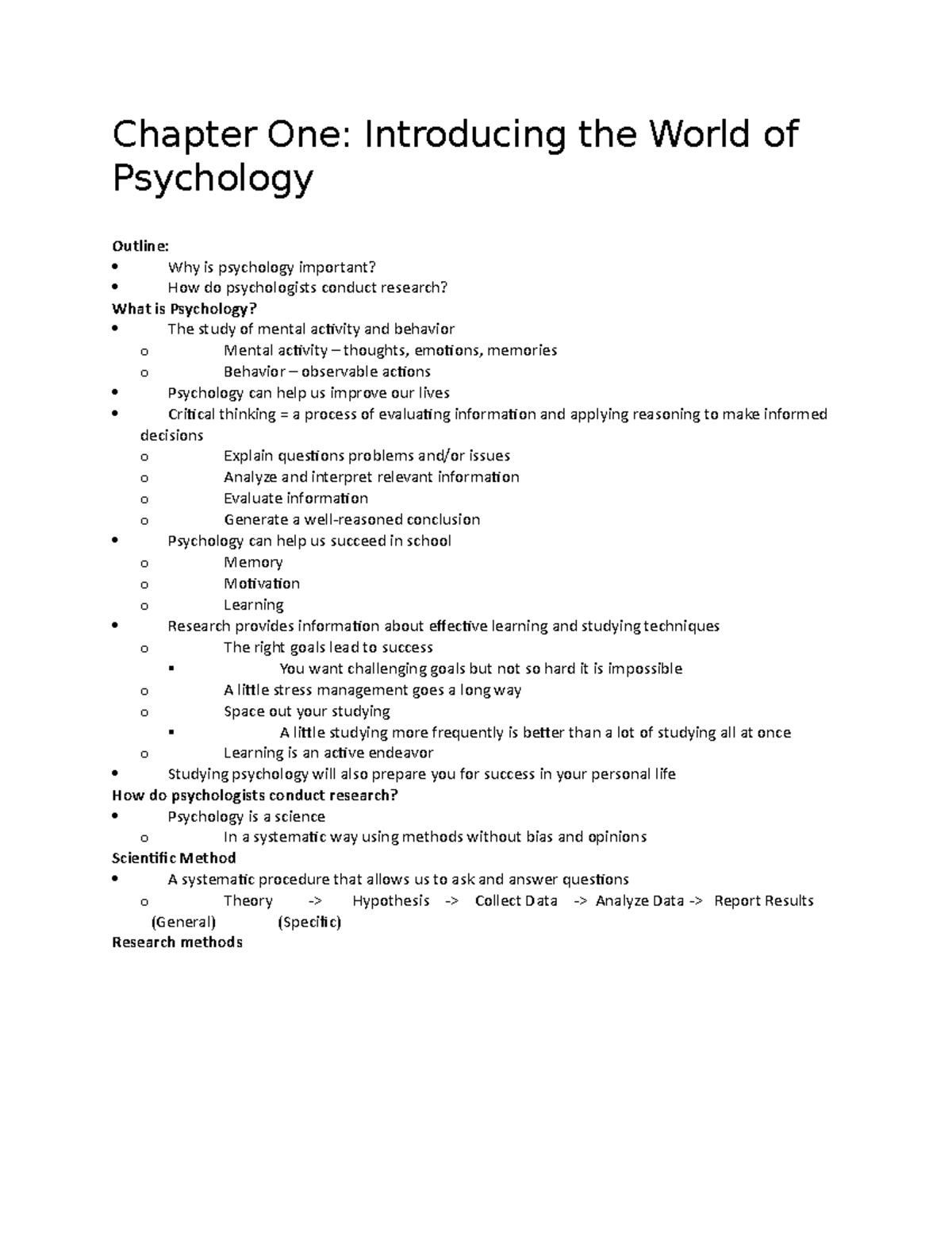 Psy2012 Chapter 1 - Lecture notes 1 - Chapter One: Introducing the ...