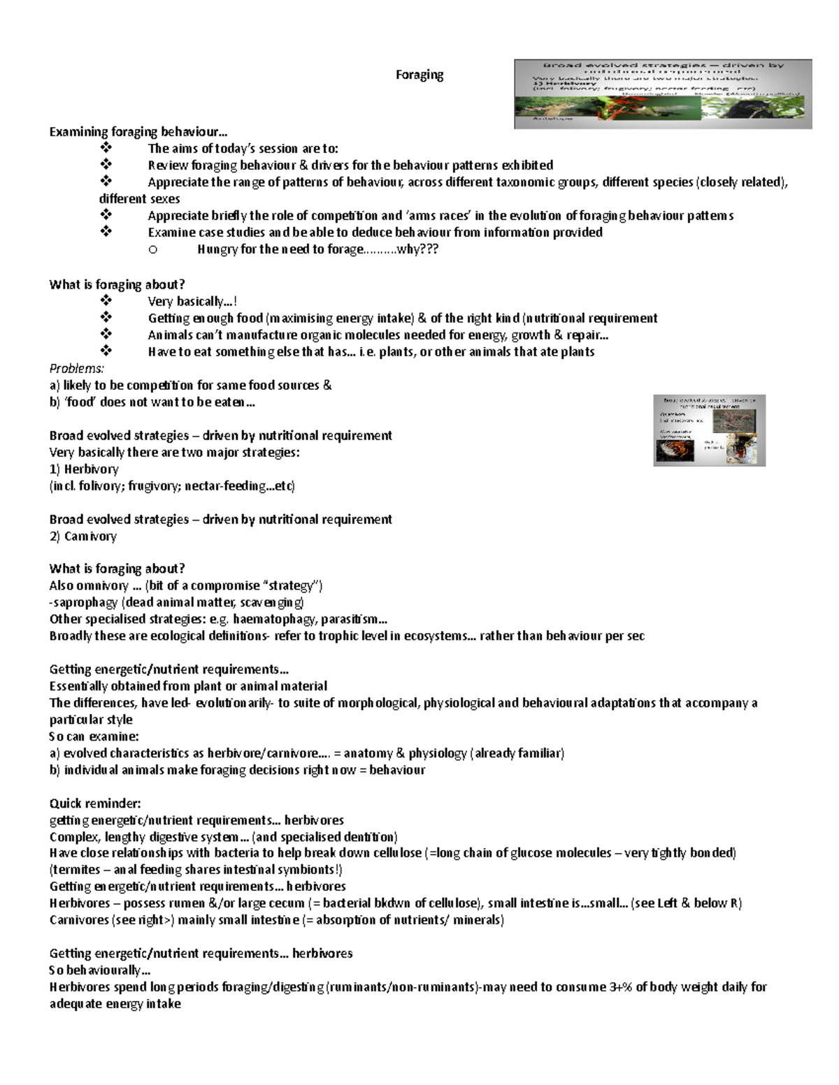 Foraging - Lecture notes 10 - Foraging Examining foraging behaviour ...