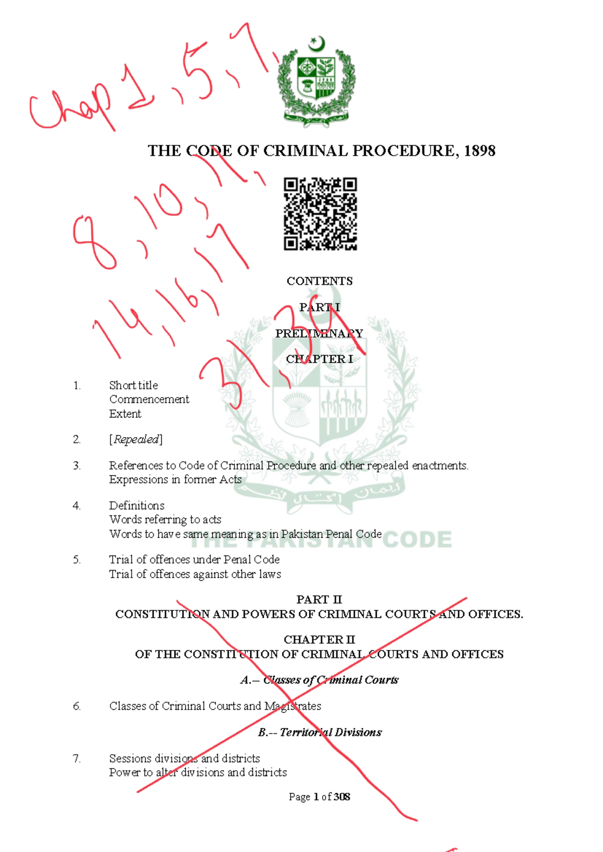 Cr PC 1898 criminal procedure code - THE CODE OF CRIMINAL PROCEDURE, 1898 CONTENTS PART I - Studocu