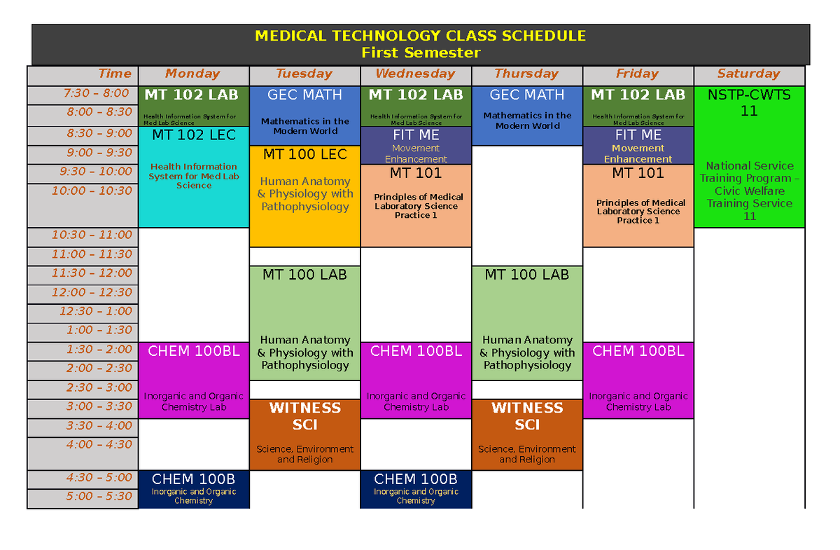 Medical Technology Class Schedule - Time Monday Tuesday Wednesday ...